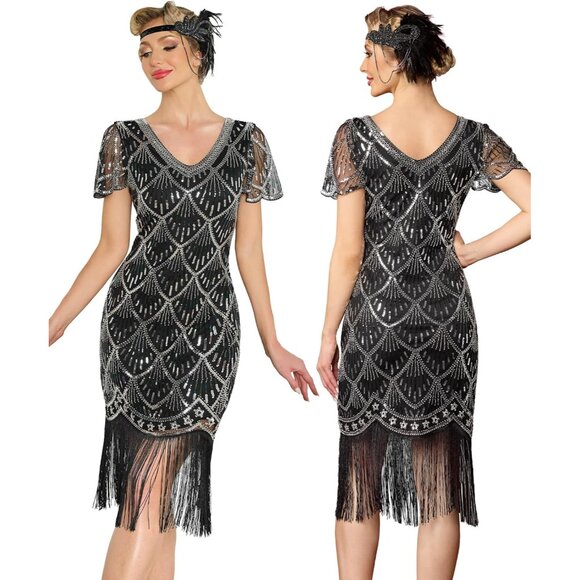 Dresses | 192s Flapper Dress Sequin Fringe Elegant Beaded Costume For ...